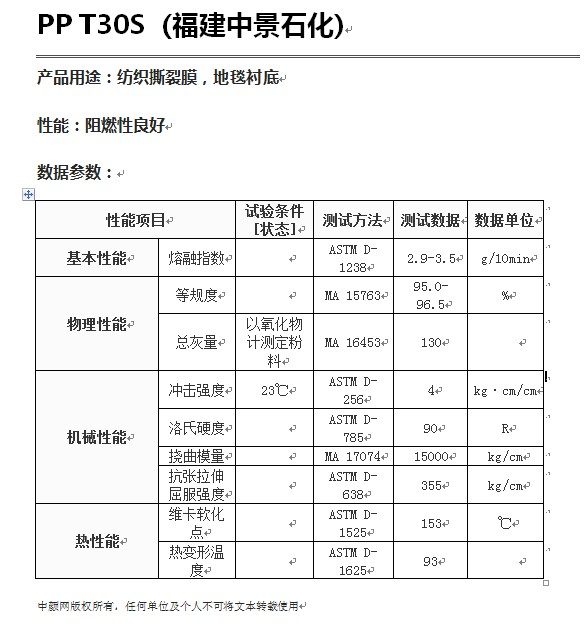 PP T30S (福建中景石化 T30S) – 兴华颜料